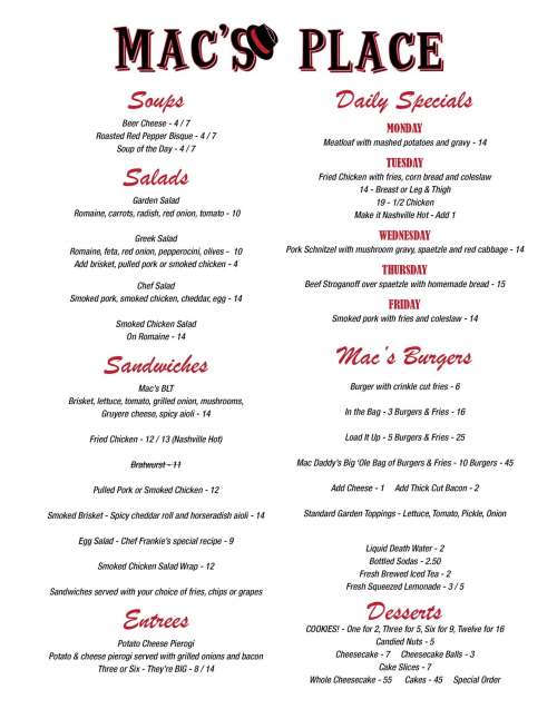 Mac's Place menu in Otsego, Michigan, USA