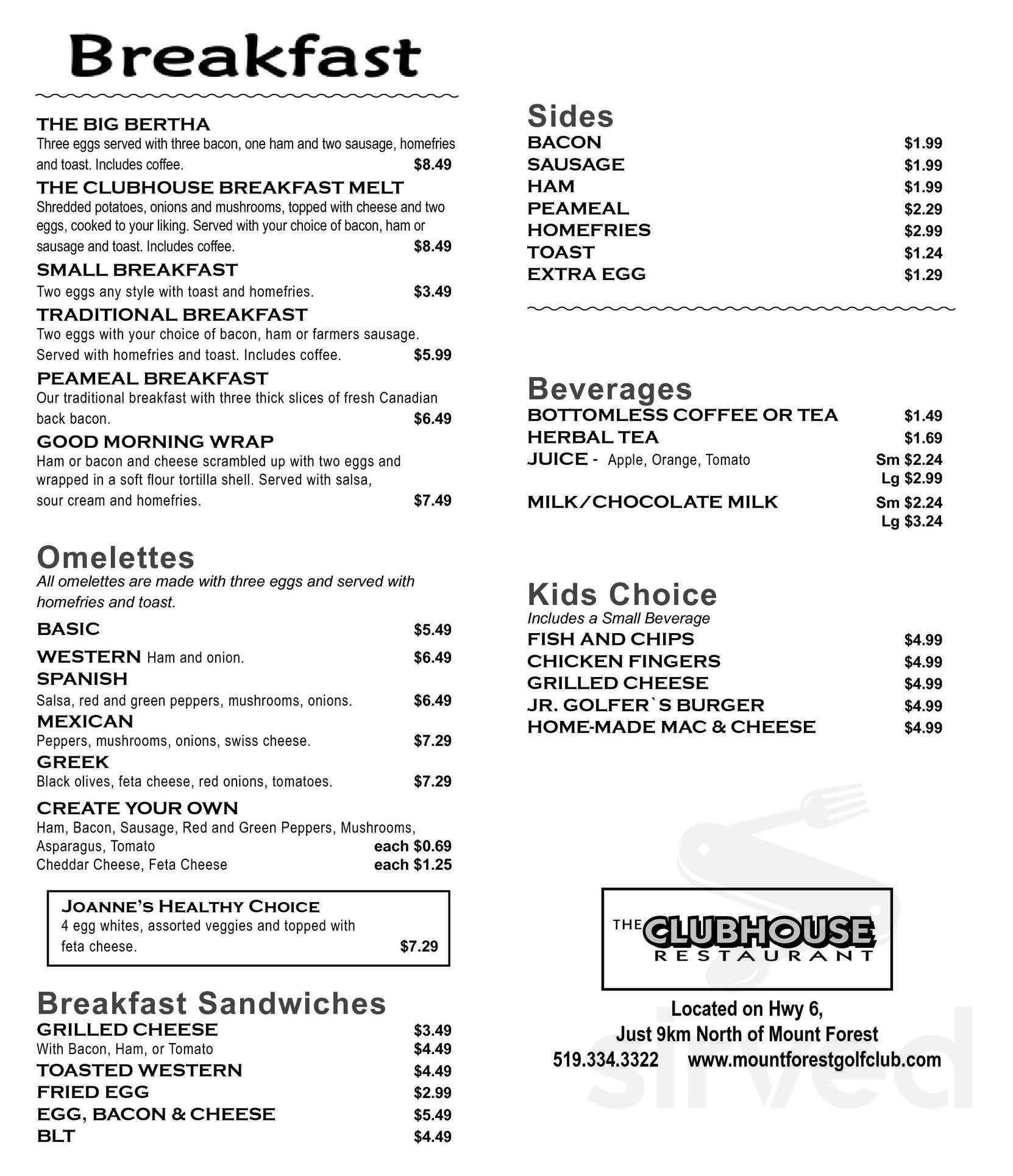 Menu - Ayton ON's The Club House Restaurant | Sirved
