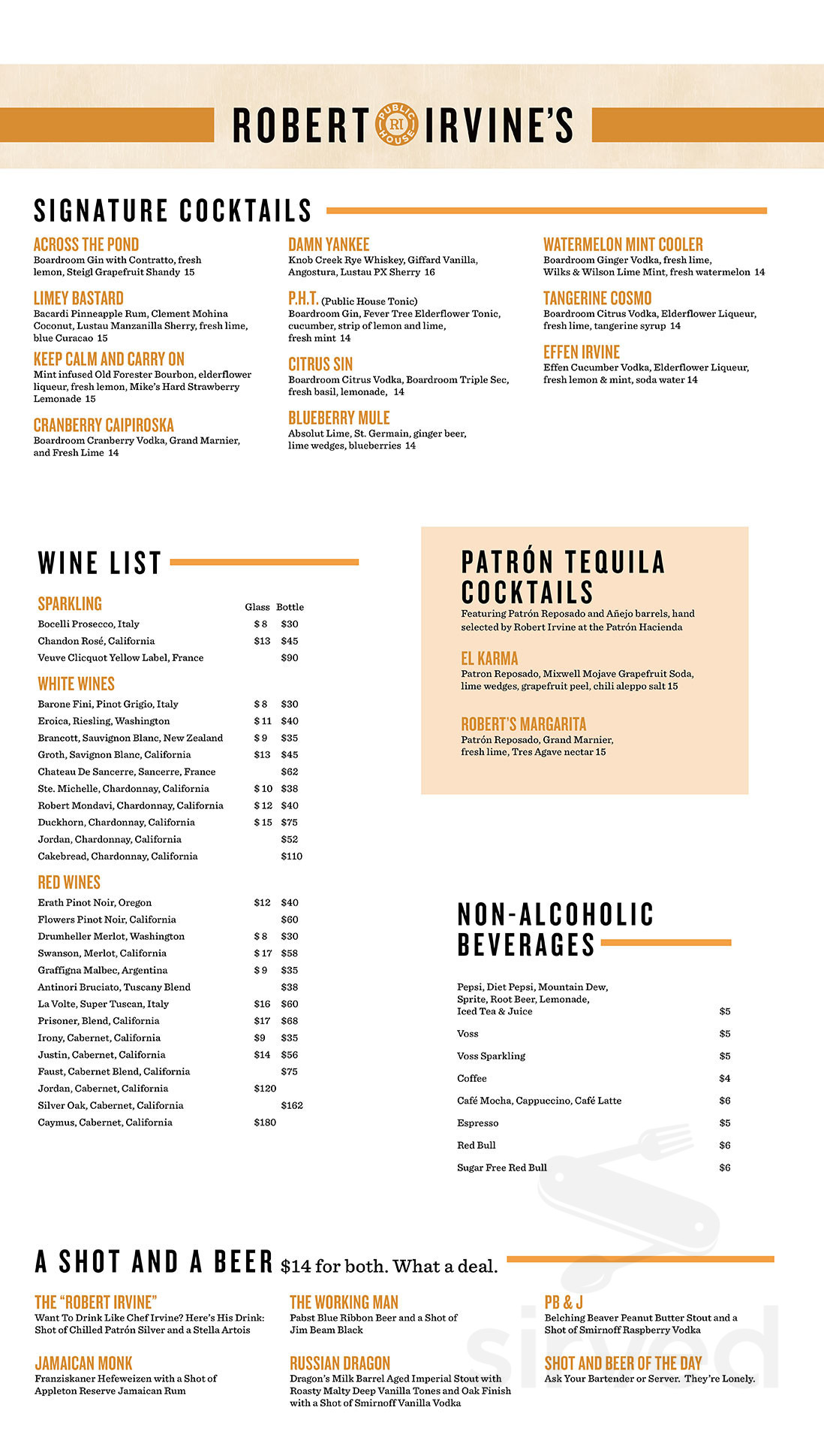 Robert Irvine's Public House menu in Las Vegas, Nevada, USA