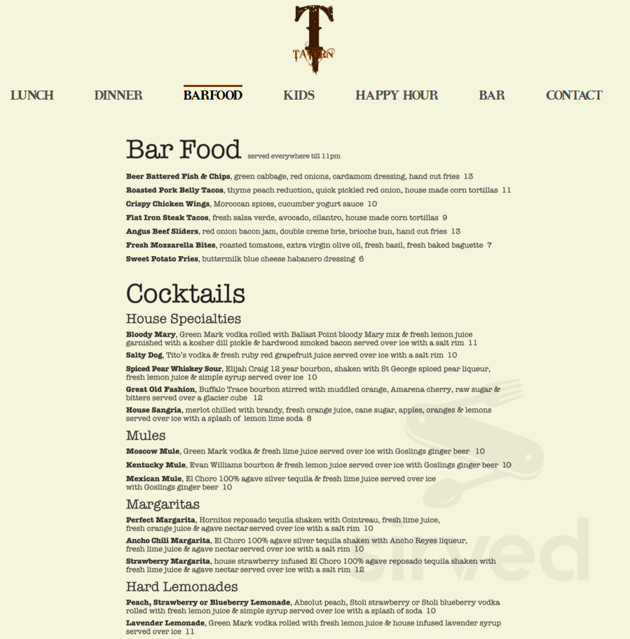 Tavern menu in Coronado, California, USA