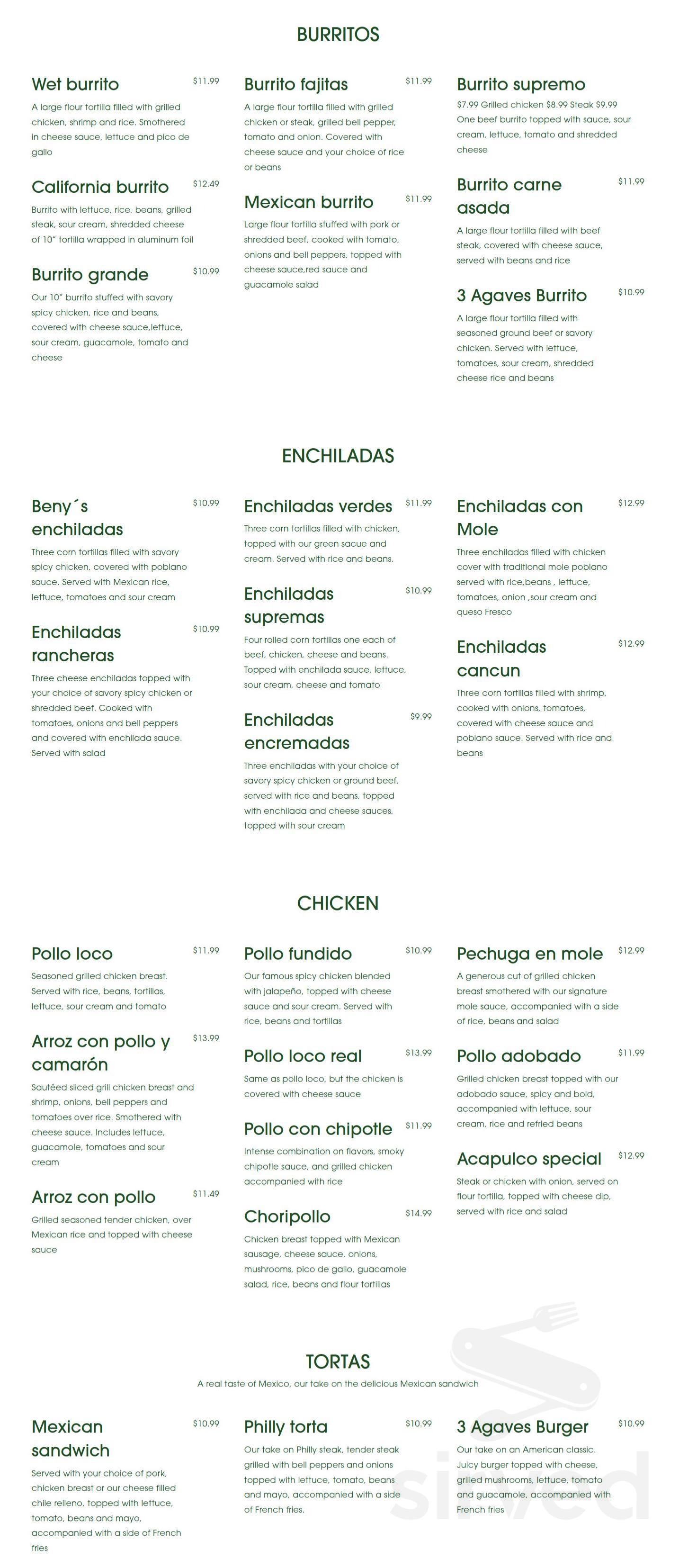 Menu - Indianapolis IN's 3 Agaves Mexican Restaurant | Sirved