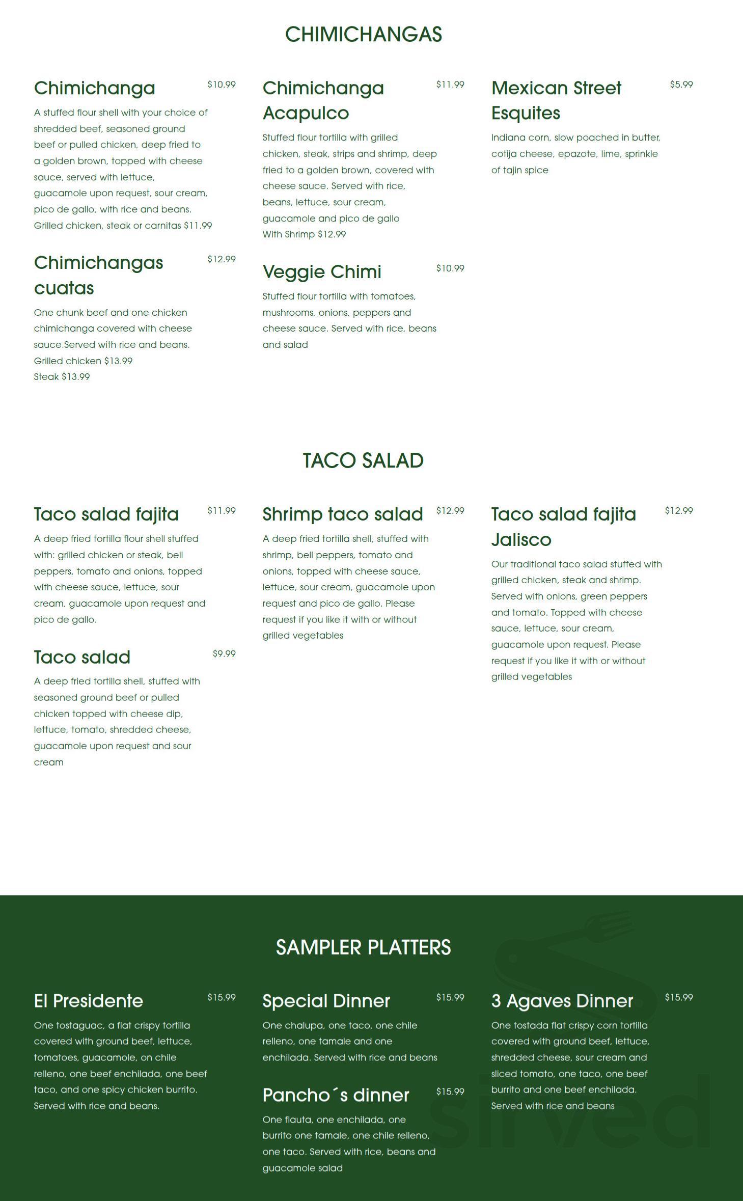 Menu - Indianapolis IN's 3 Agaves Mexican Restaurant | Sirved