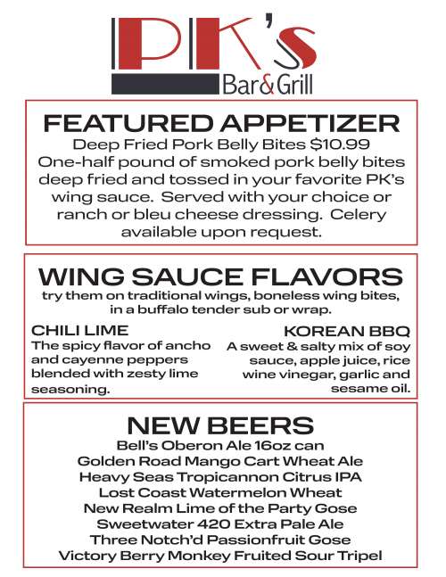 Pk's Bar & Grill menu in Blacksburg, Virginia, USA