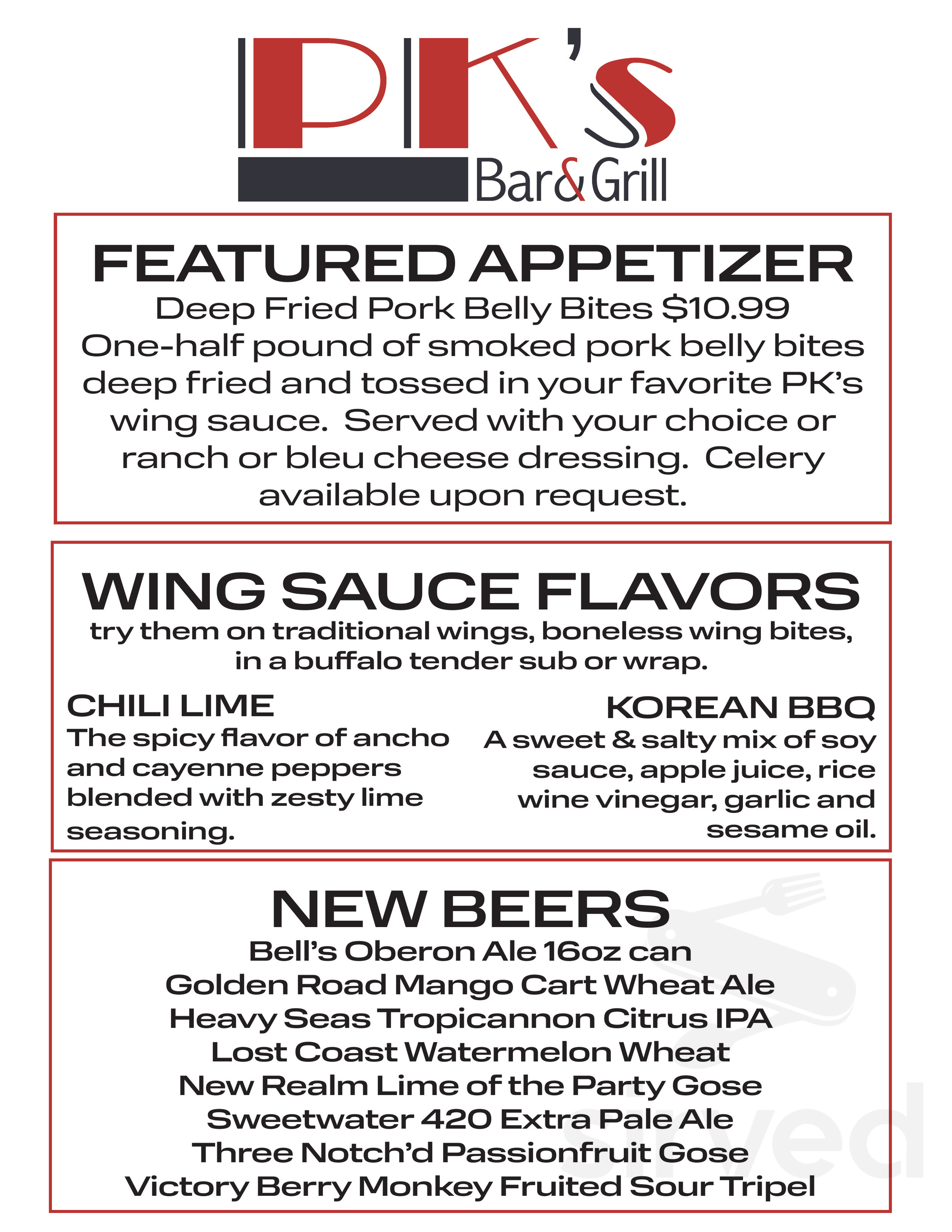 Pk's Bar & Grill menu in Blacksburg, Virginia, USA