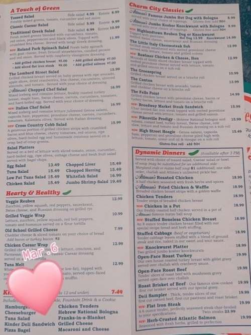 Attman's Delicatessen menu in Baltimore, Maryland, USA