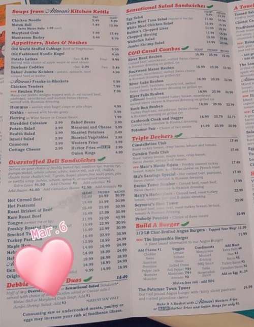 Attman's Delicatessen menu in Baltimore, Maryland, USA