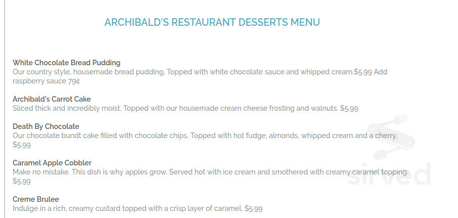 Archibald's Restaurant at Gardner Village menu in West Jordan, Utah, USA