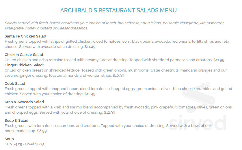Archibald's Restaurant at Gardner Village menu in West Jordan, Utah, USA