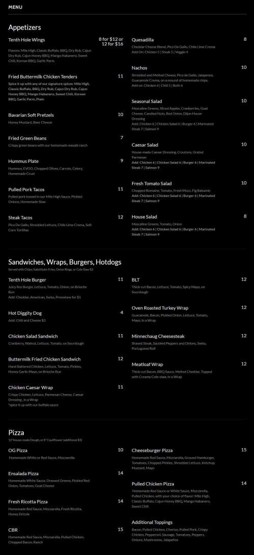 Tenth Hole Tavern menu in Glastonbury, Connecticut, USA