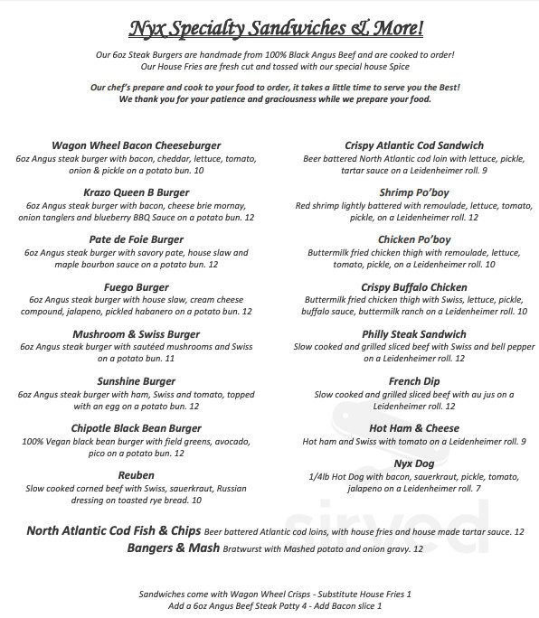 Nyx Restaurant Bar menus in Eureka Springs, Arkansas, United States