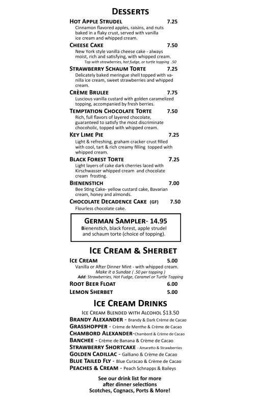 Weissgerber's Golden Mast Inn menu in Okauchee, Wisconsin, USA