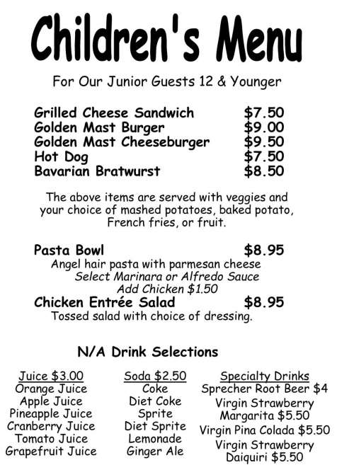 Weissgerber's Golden Mast Inn menu in Okauchee, Wisconsin, USA