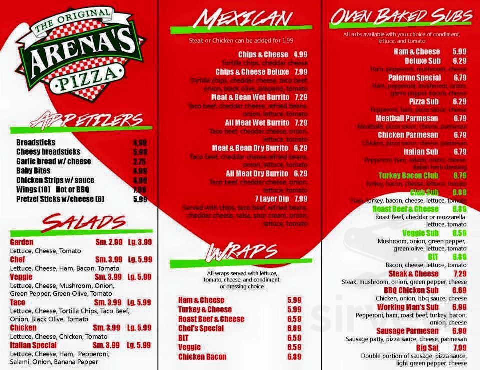 Arena's Pizza menu in Martin, Michigan, USA