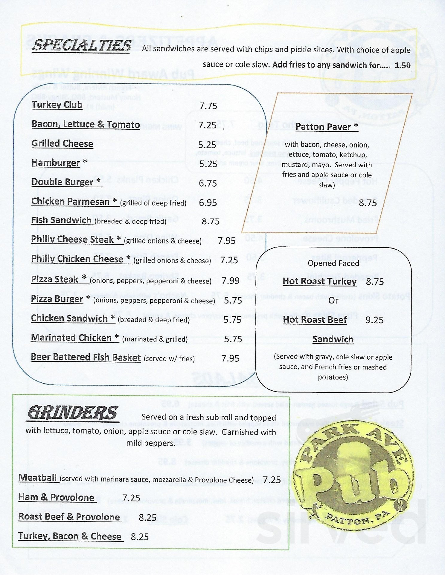 The Park Avenue Pub menu in Patton, Pennsylvania, USA