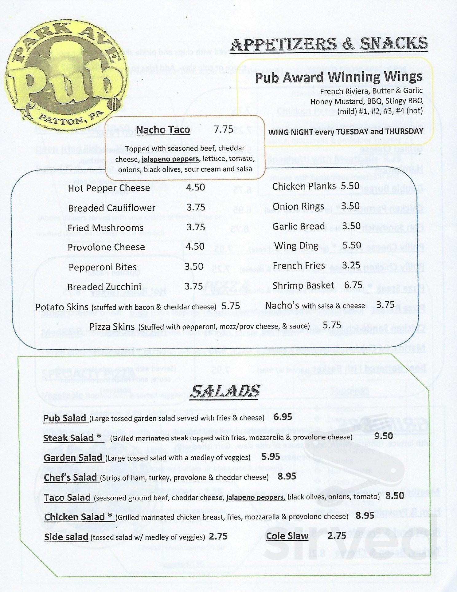 The Park Avenue Pub menu in Patton, Pennsylvania, USA