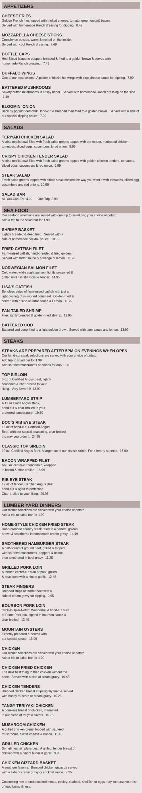 The Lumber Yard Steakhouse menu in Zenda, Kansas, USA