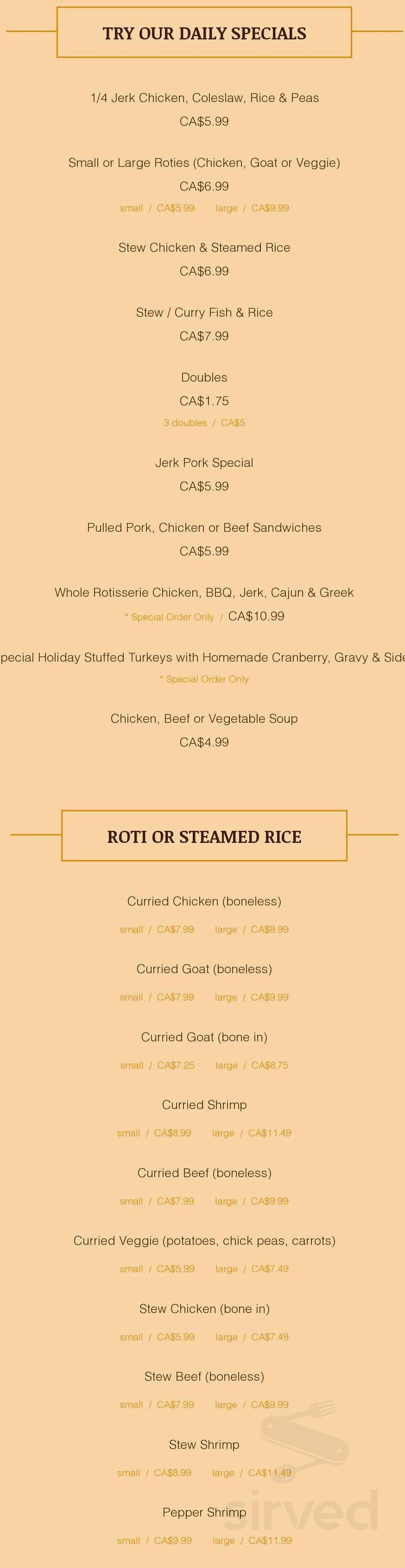 Miss Natalie's Tropical Cuisine menus in Etobicoke, Ontario, Canada