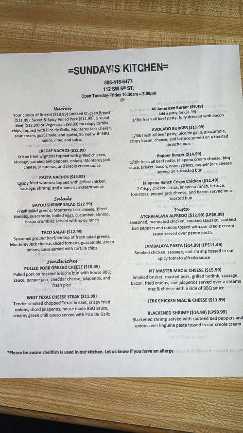 Sunday's Kitchen menu in Amarillo, Texas, USA