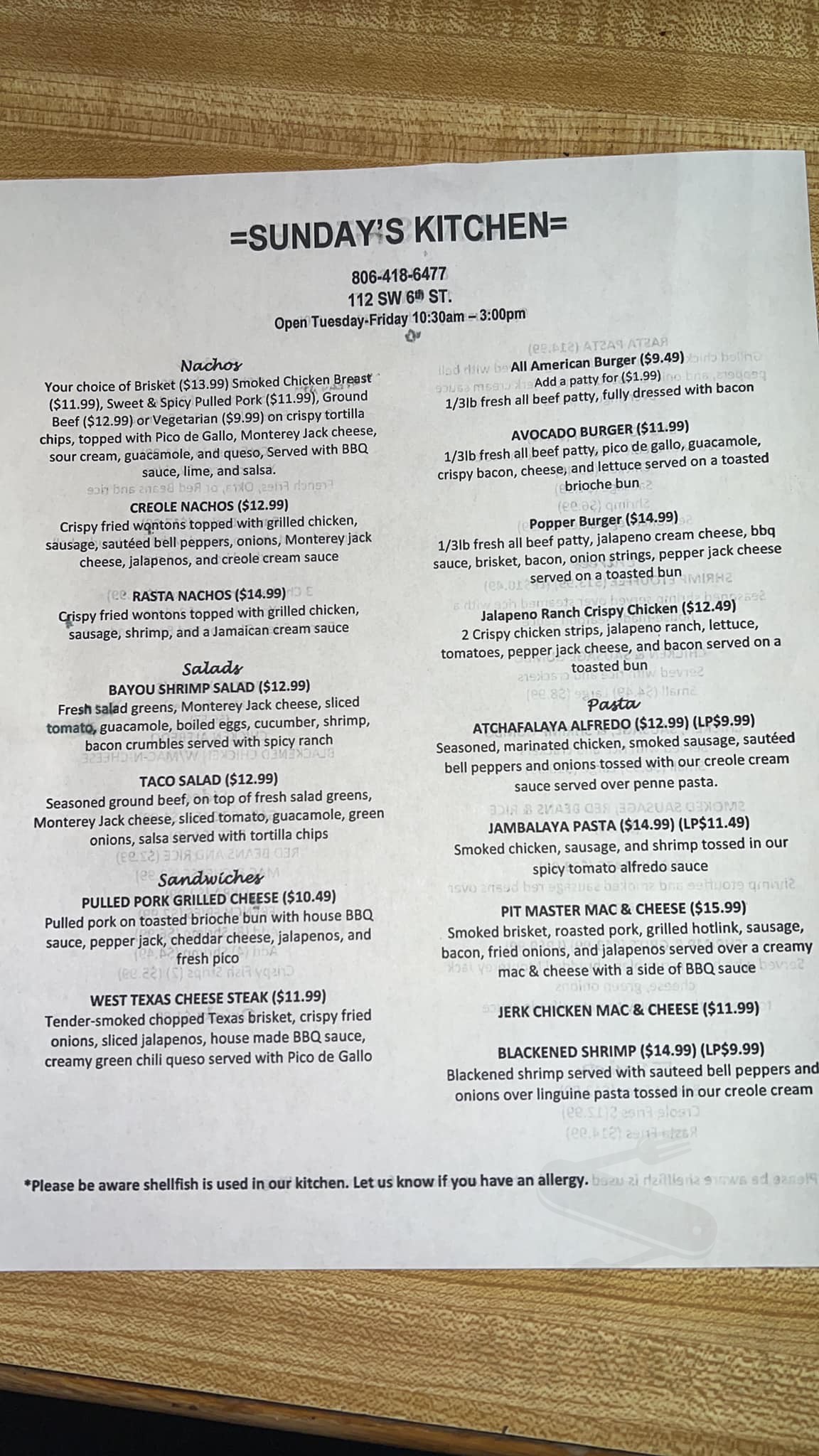 Sunday's Kitchen menus in Amarillo, Texas, United States