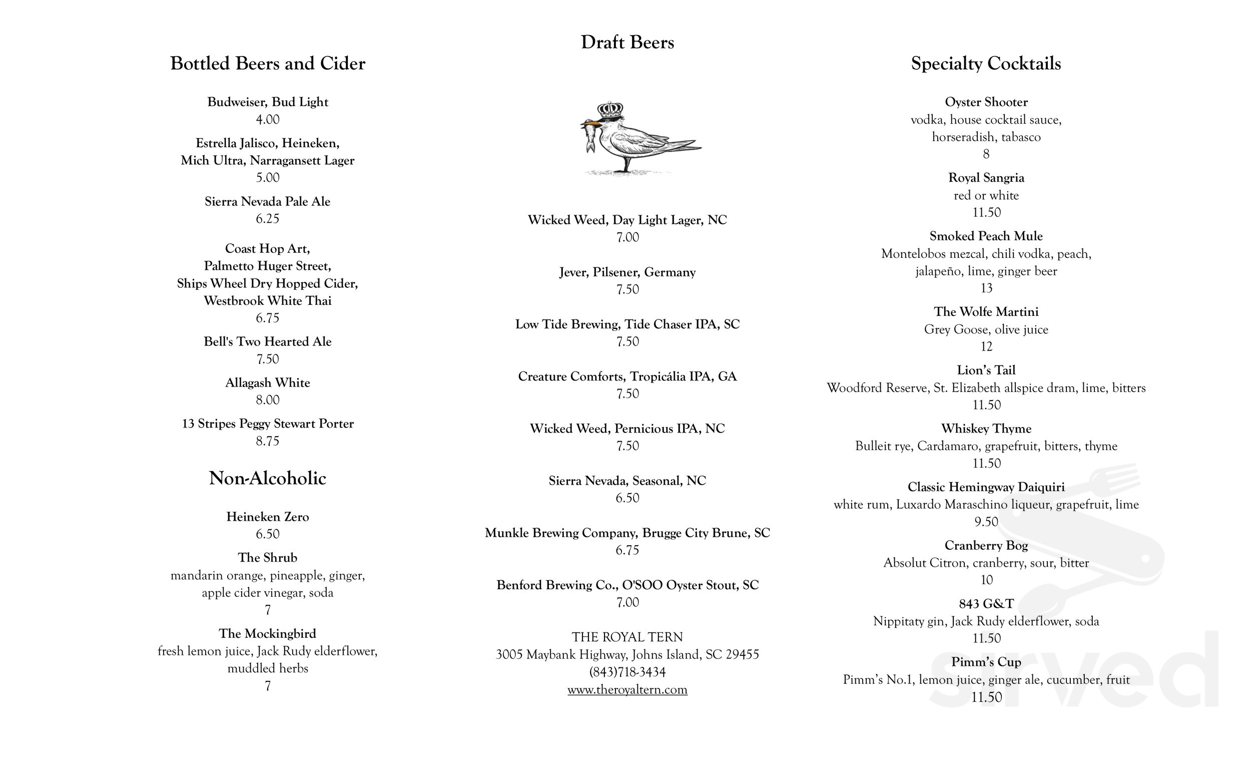 Menu for The Royal Tern in Johns Island, SC | Sirved