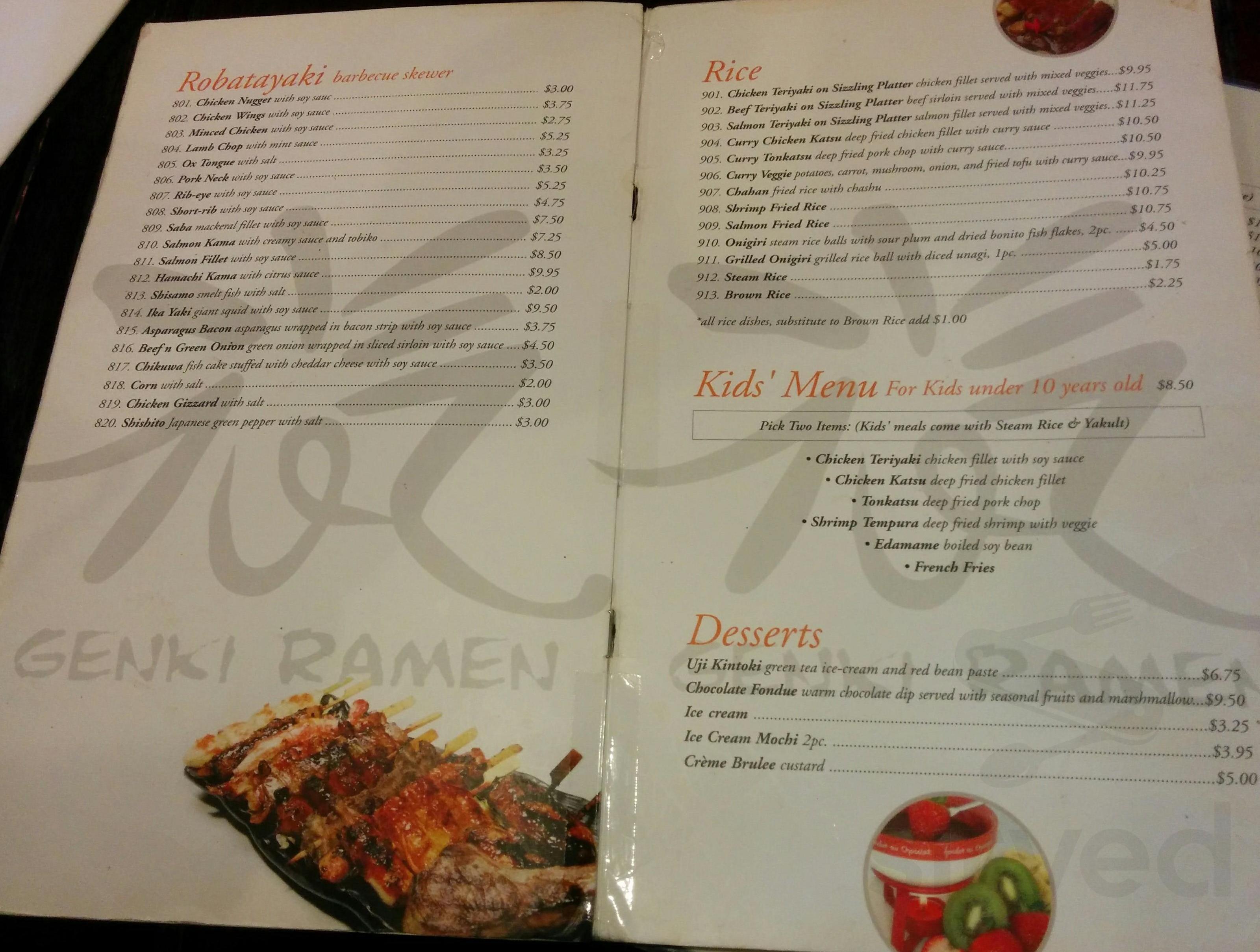 Genki Ramen menu in San Francisco, California, USA