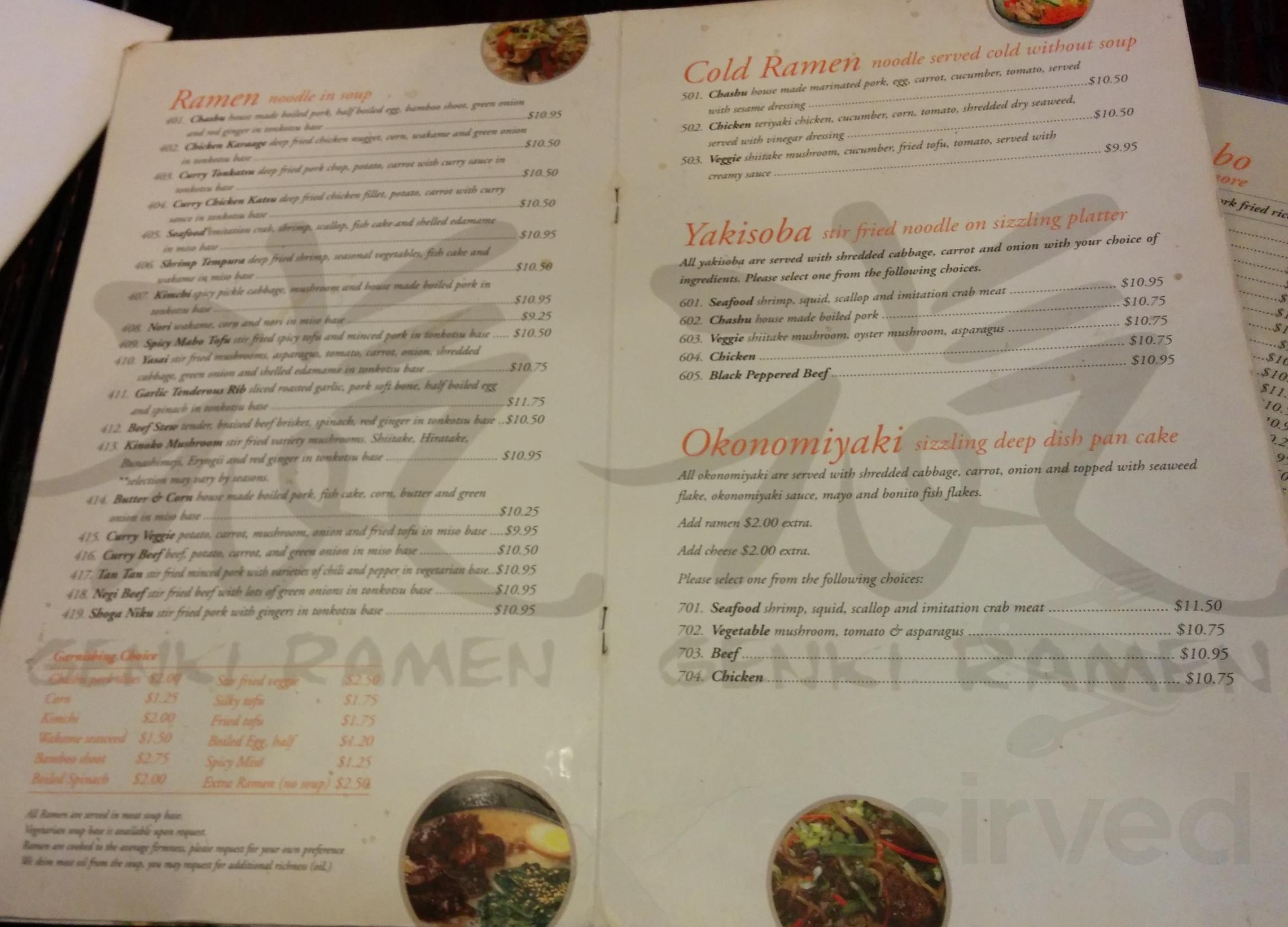 Genki Ramen menu in San Francisco, California, USA