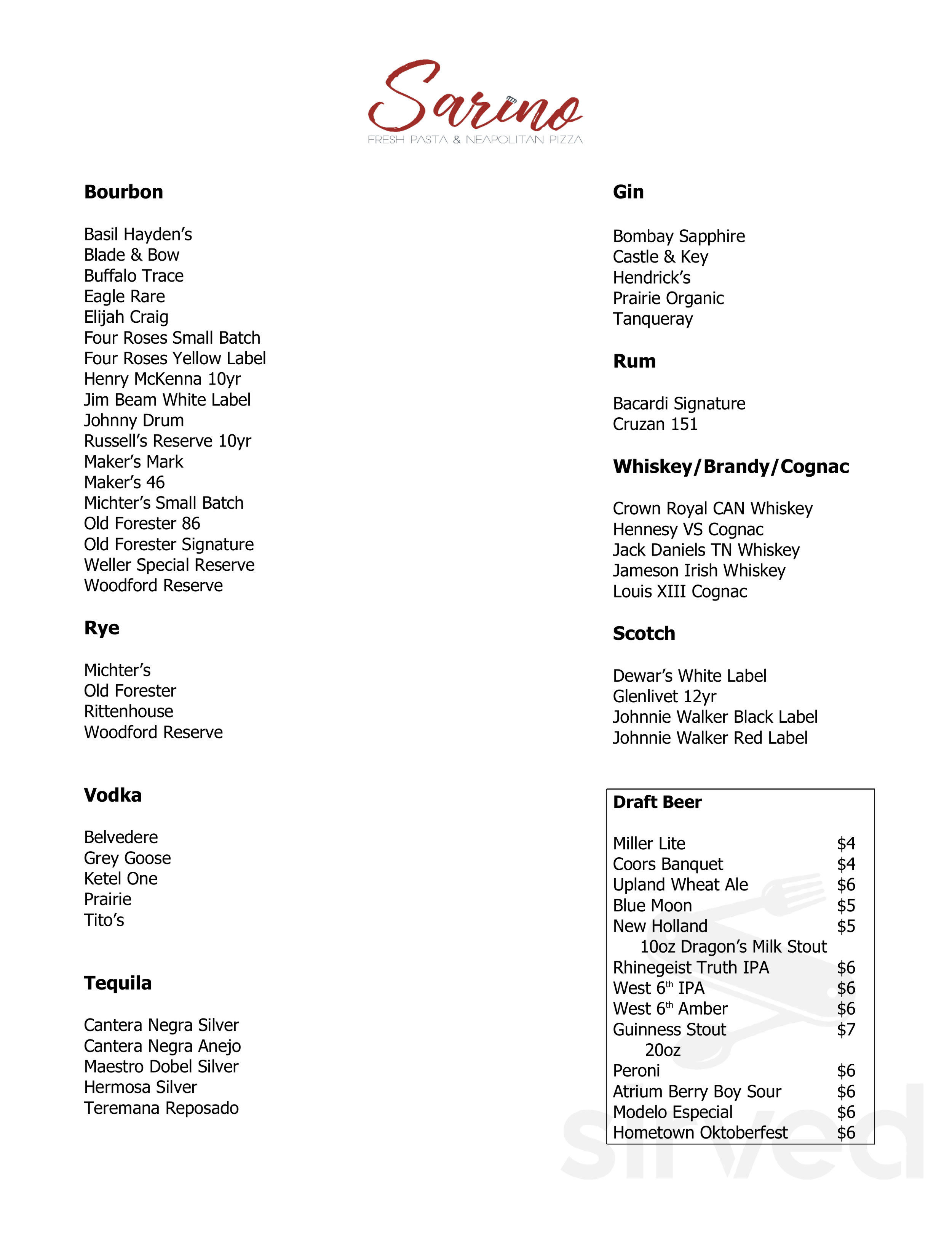 Sarino menu in Louisville, Kentucky, USA