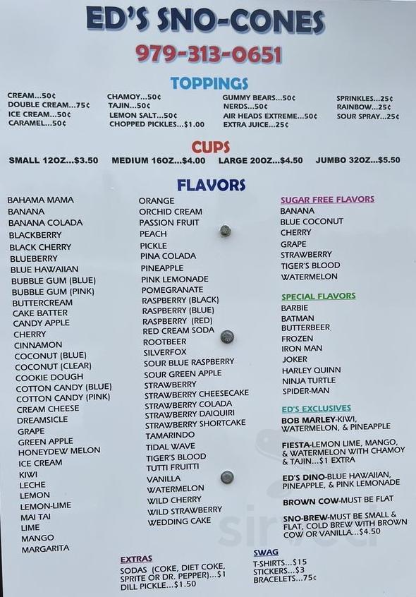 Ed's Sno-Cones menu in Angleton, Texas, USA