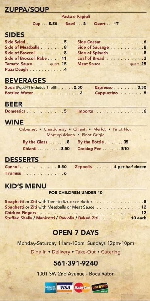 Pizza Time menu in Boca Raton, Florida, USA