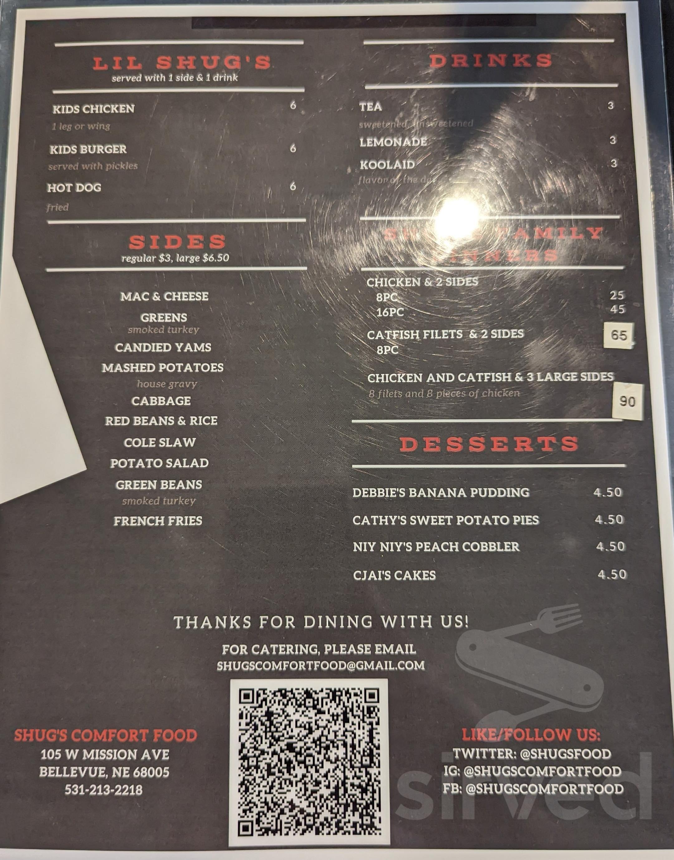 Shug's Comfort Food menu in Bellevue, Nebraska, USA