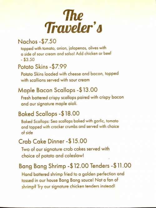 The Traveler Restaurant menu in Union, Connecticut, USA