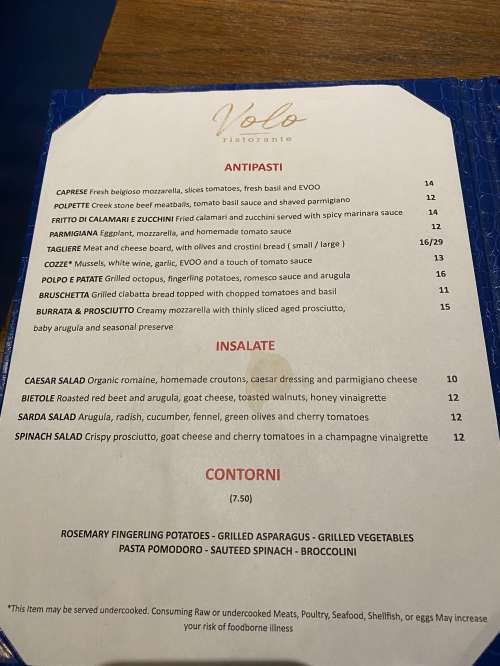 Volo Ristorante menu in Charlotte, North Carolina, USA