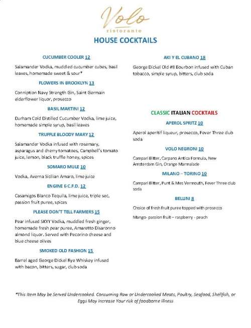 Volo Ristorante menu in Charlotte, North Carolina, USA