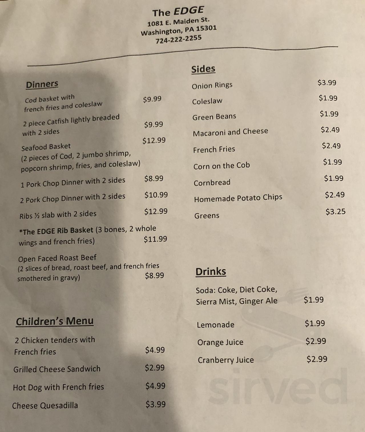 Menu - Washington PA's Edge Restaurant & Lounge | Sirved