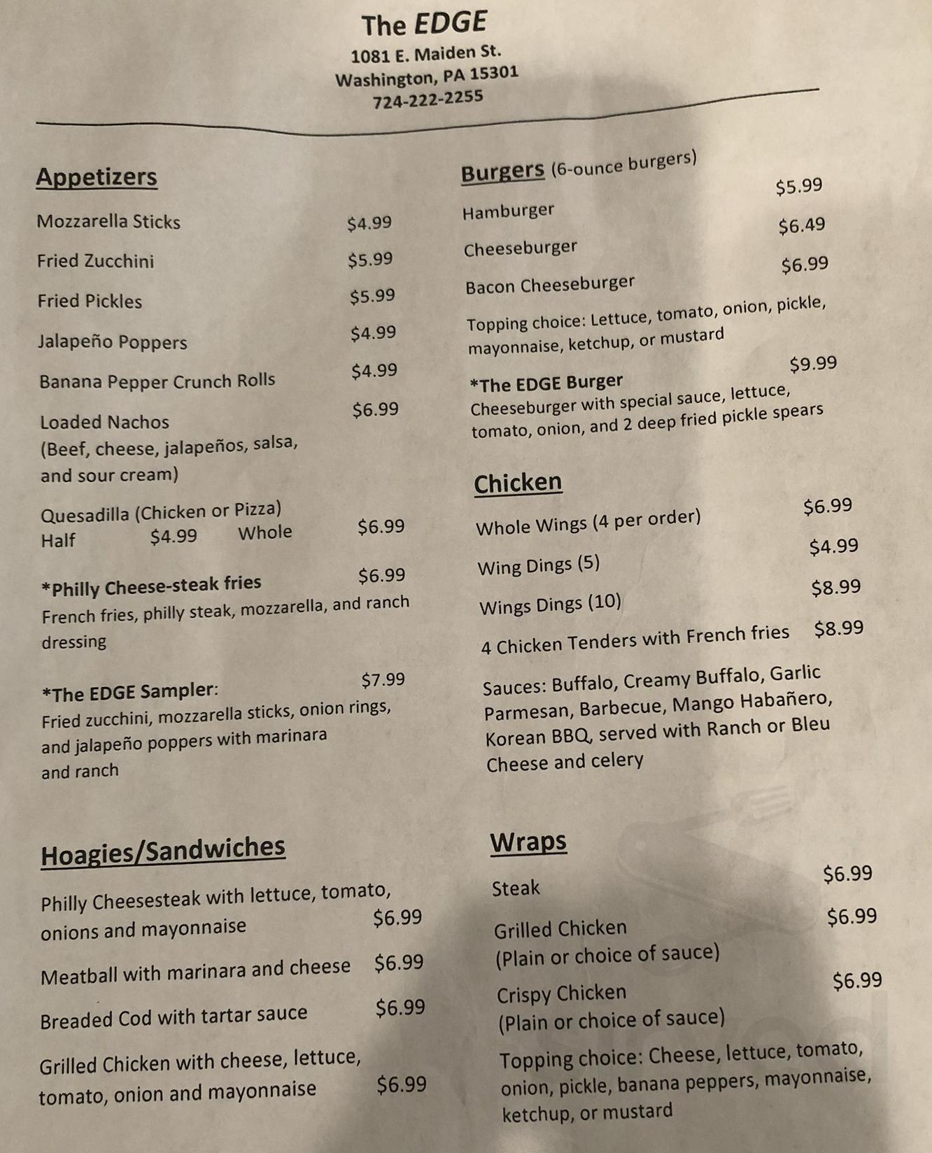 Menu - Washington PA's Edge Restaurant & Lounge | Sirved