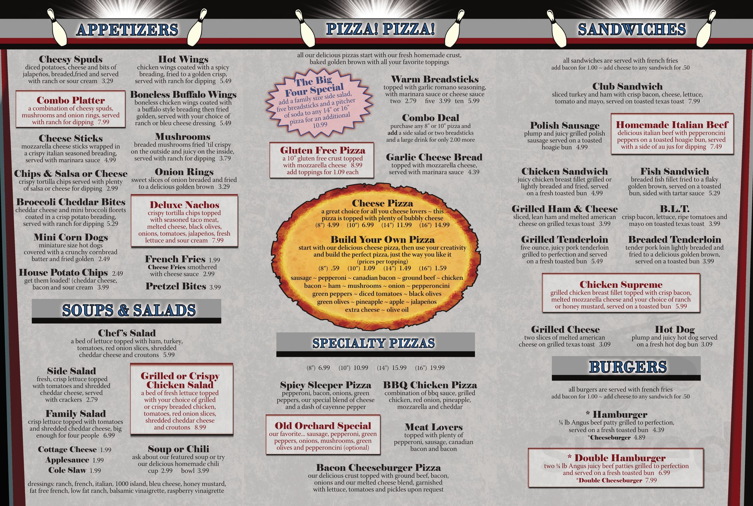 Old Orchard Lanes & Links menus in Savoy, Illinois, United States