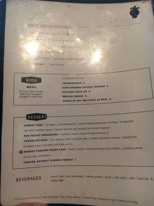The Root Cellar menu in Lexington, South Carolina, USA