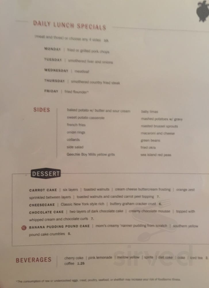 The Root Cellar menu in Lexington, South Carolina, USA