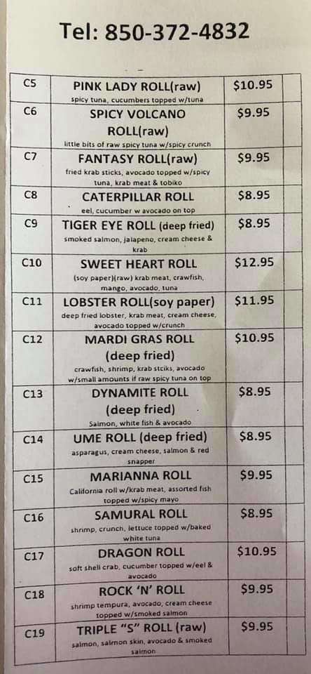 UME Japanese and Chinese Restaurant menu in Marianna, Florida, USA