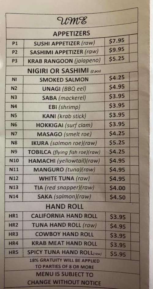 UME Japanese and Chinese Restaurant menu in Marianna, Florida, USA