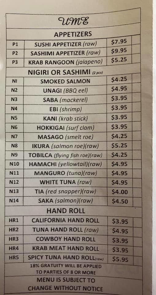 UME Japanese and Chinese Restaurant menus in Marianna, Florida, United ...