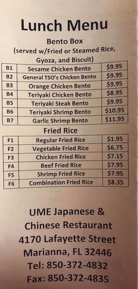 UME Japanese and Chinese Restaurant menus in Marianna, Florida, United ...