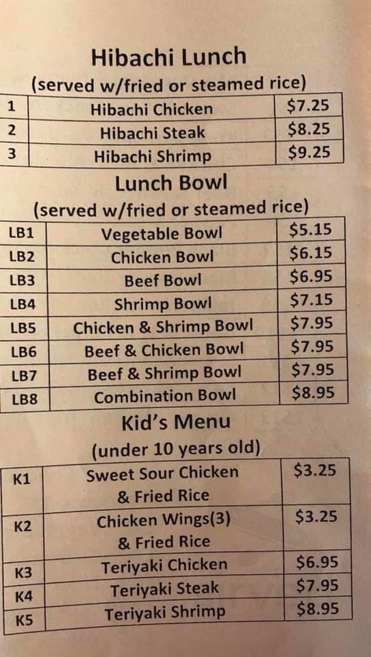 UME Japanese and Chinese Restaurant menu in Marianna, Florida, USA