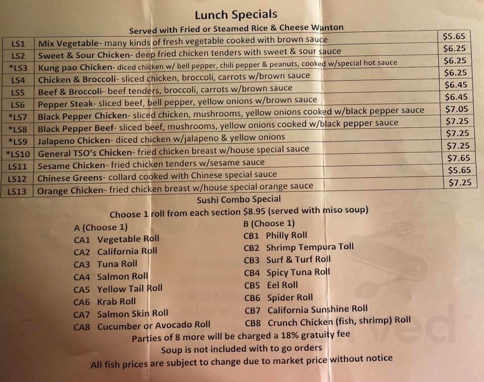 UME Japanese and Chinese Restaurant menus in Marianna, Florida, United ...