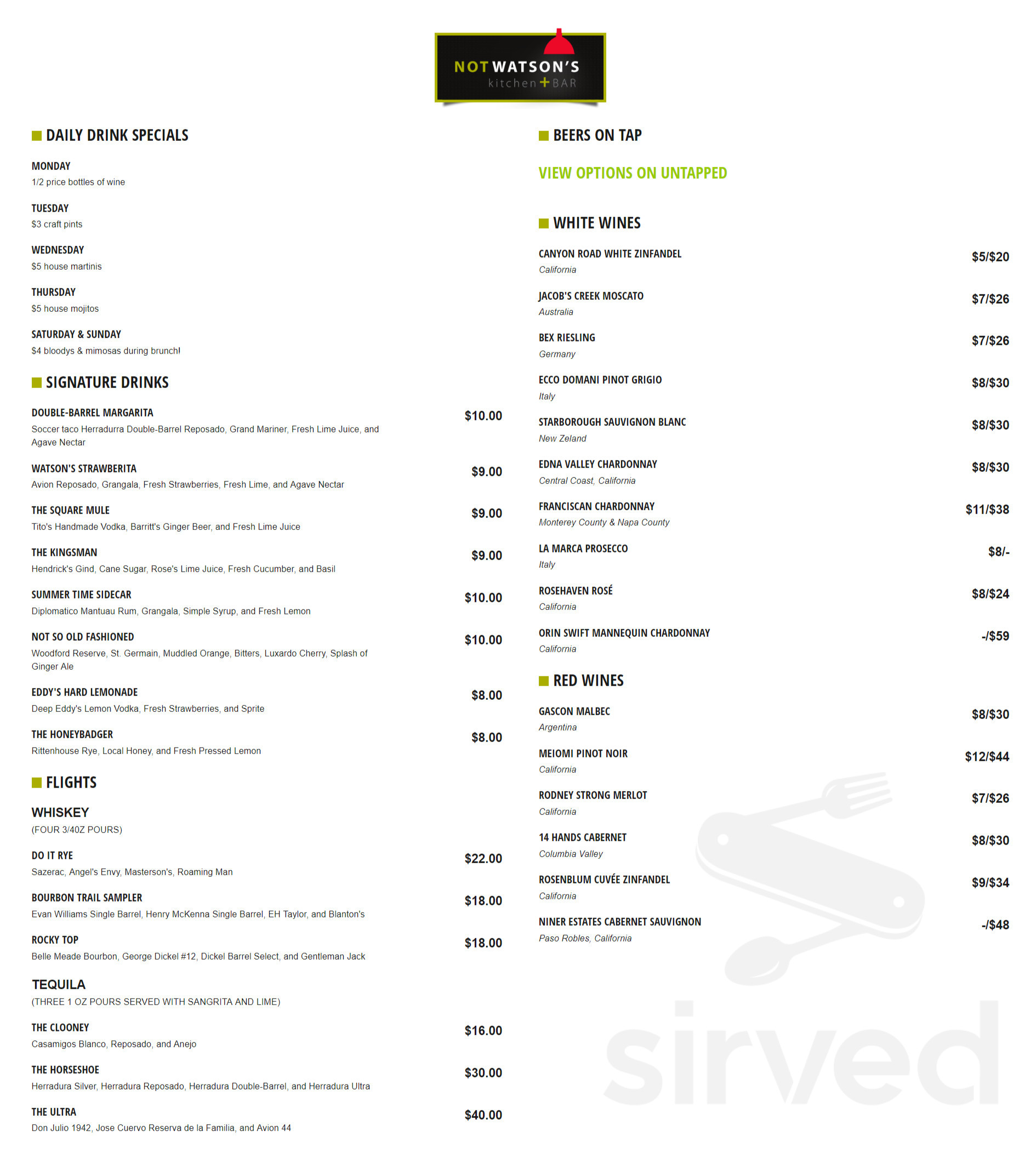 Not Watson's Kitchen + Bar menus in Knoxville, Tennessee, United States