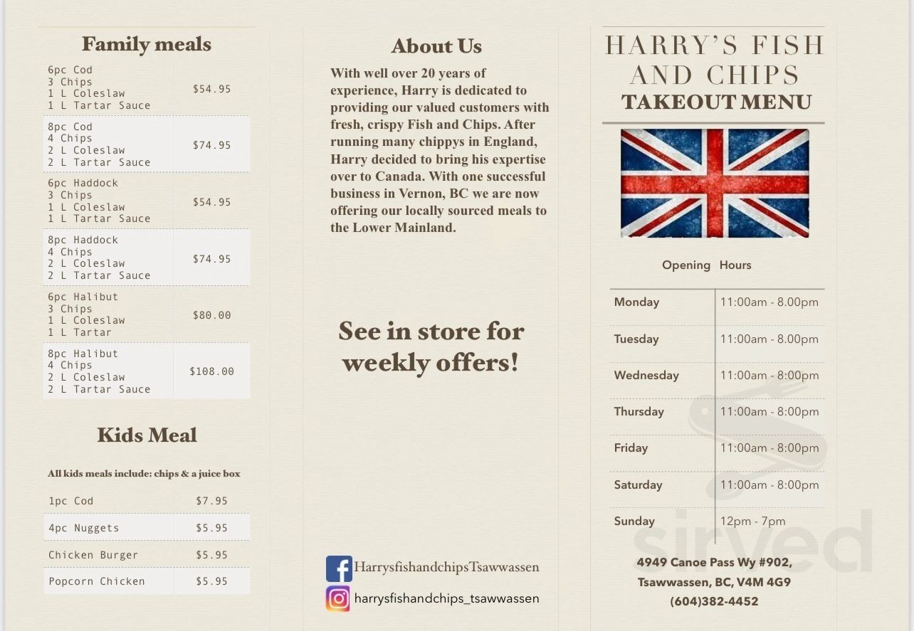 Harry's Fish & Chips menus in Tsawwassen, British Columbia, Canada