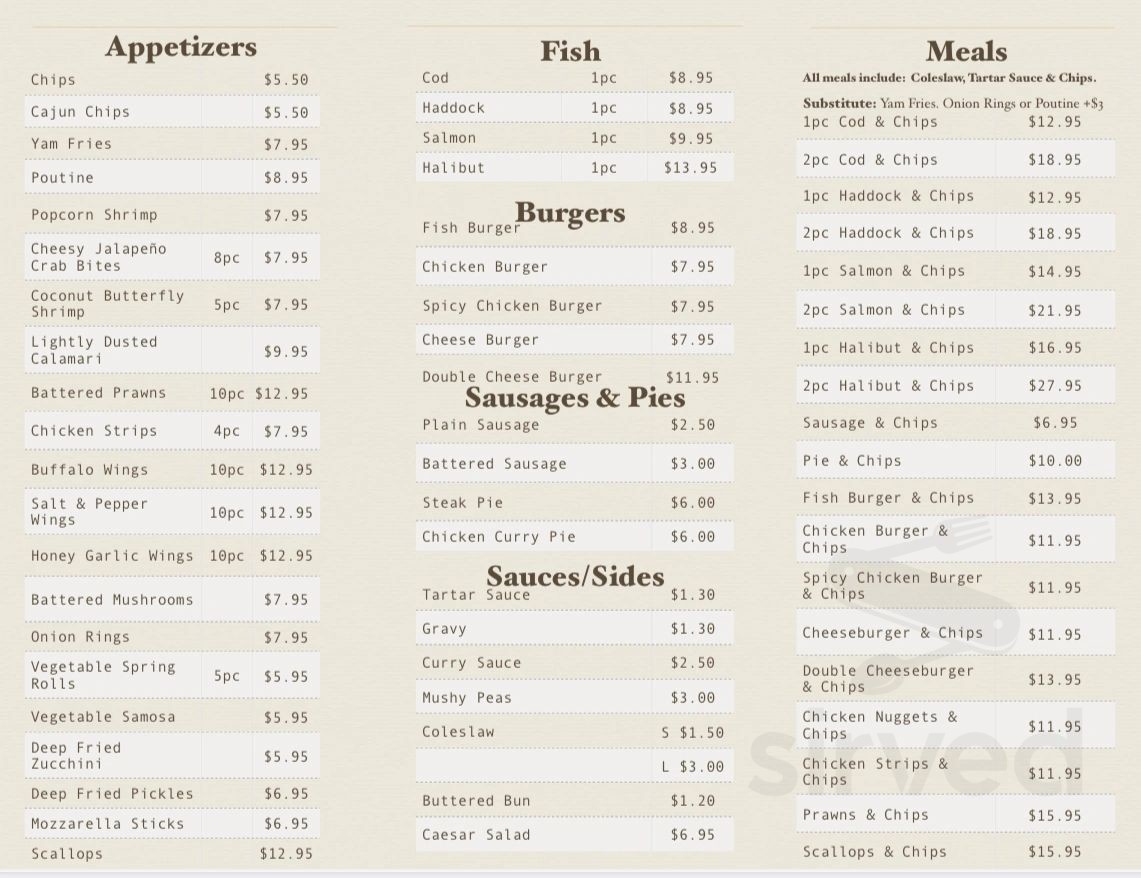Harry's Fish & Chips menus in Tsawwassen, British Columbia, Canada