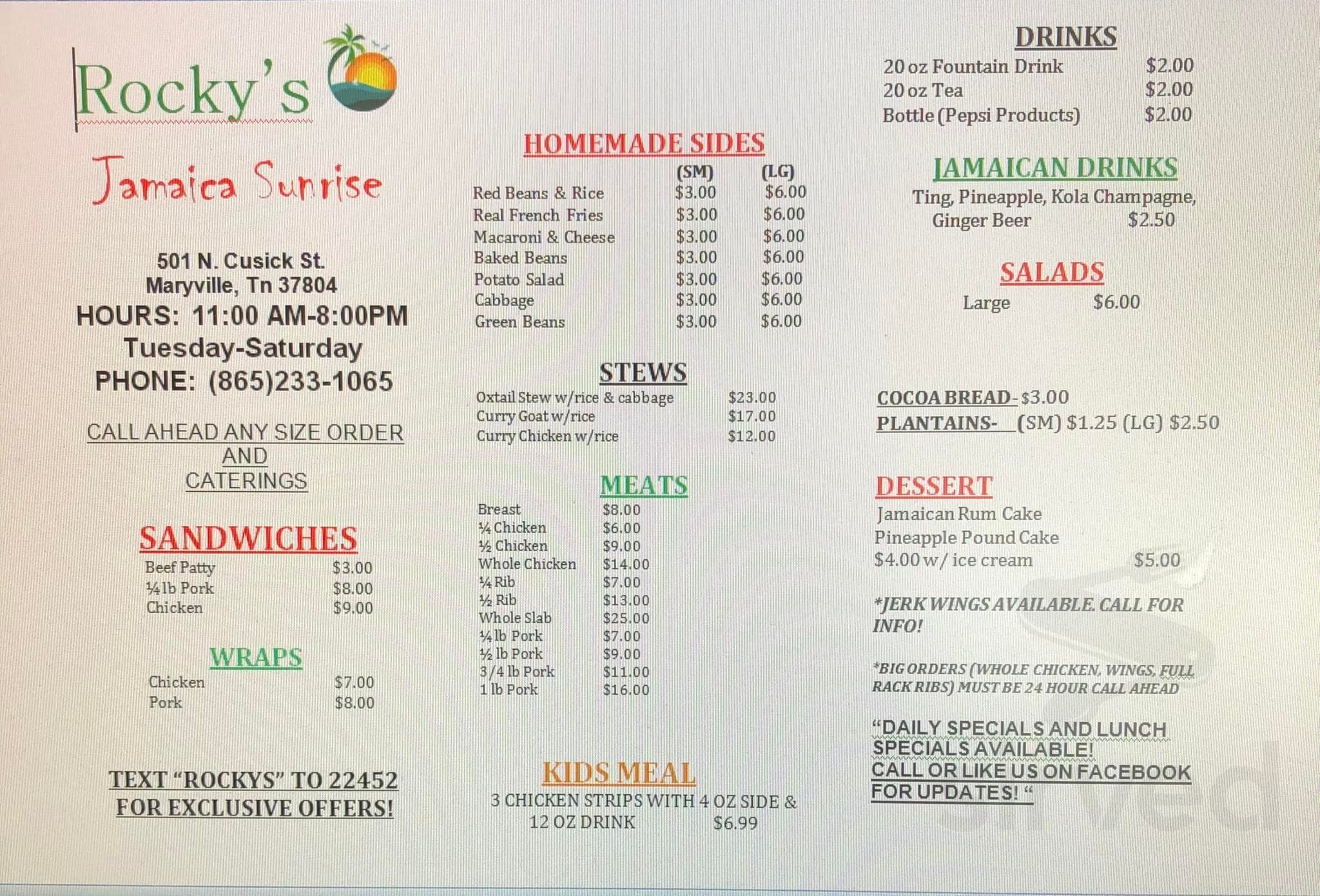 Rocky's Jamaica Sunrise menu in Maryville, Tennessee, USA