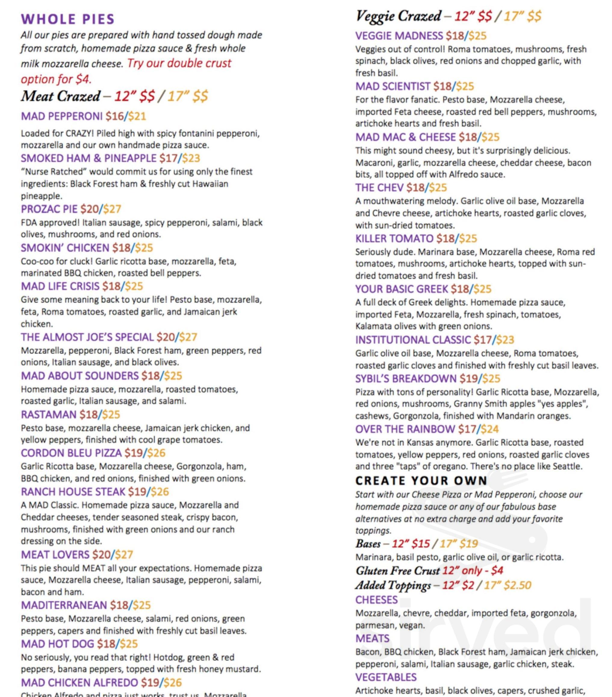 Mad Pizza menu in Seattle, Washington, USA