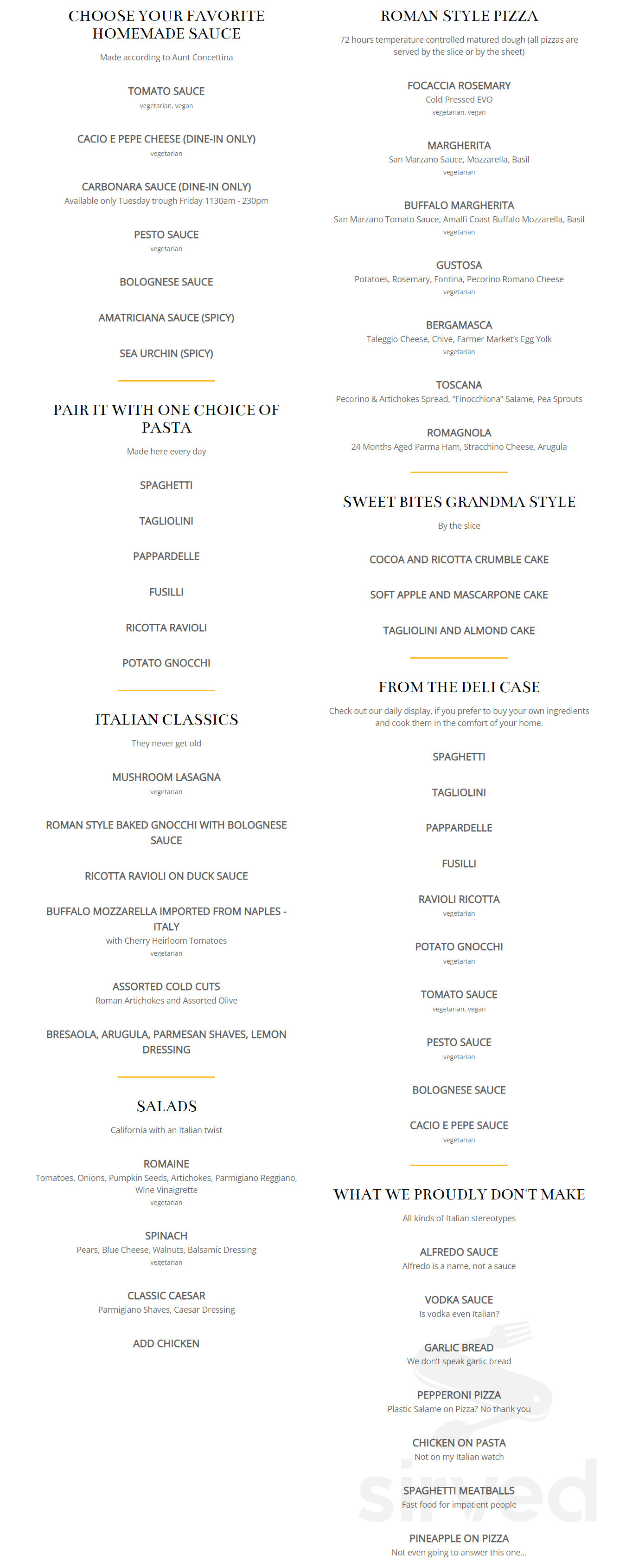 Fatto a Mano, The Pasta Shop menu in Redondo Beach, California, USA